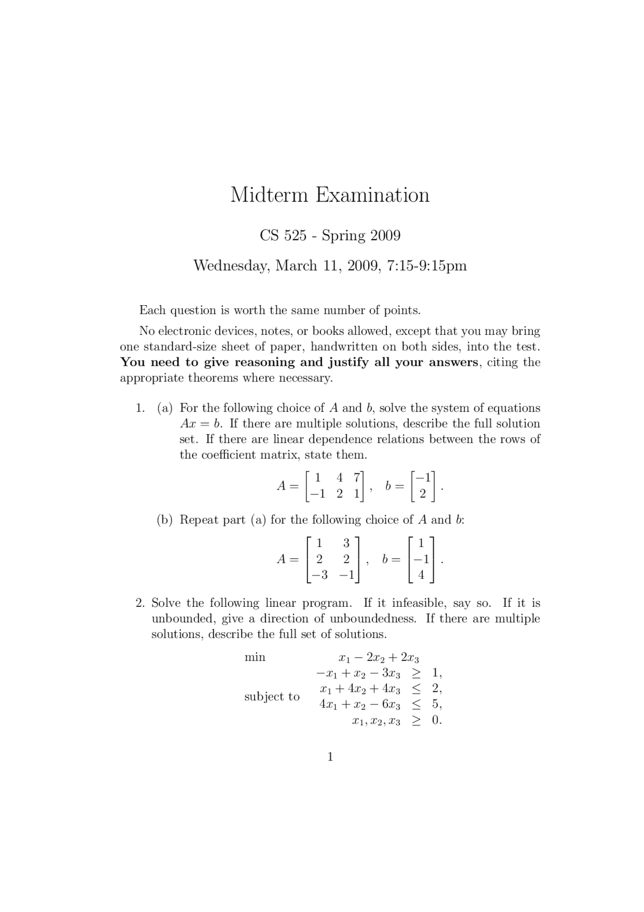 Linear Programming Methods - 4 Handwritten Questions with Answer | COMP SCI 525 - Docsity