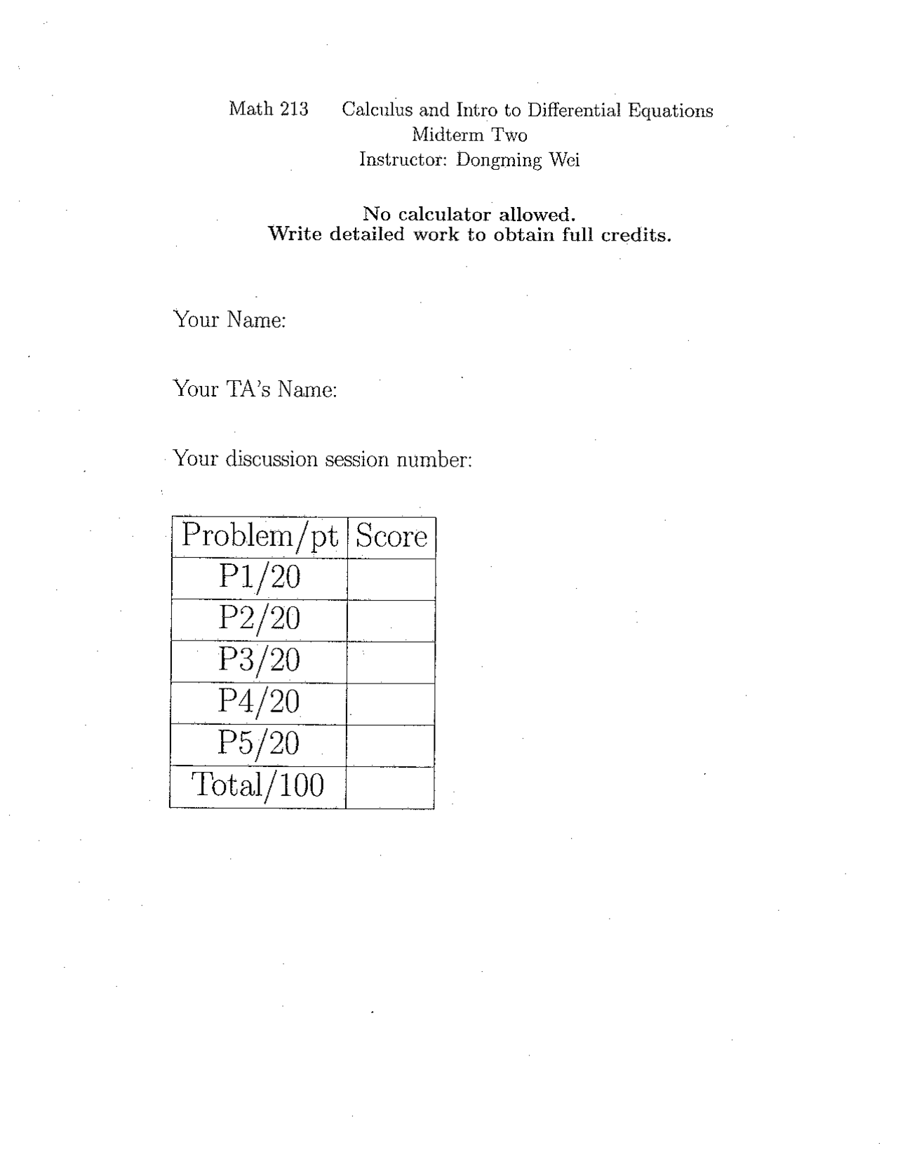 Calculus and Introduction to Differential Equations - Midterm Exam 2 | MATH 213 | Exams ...