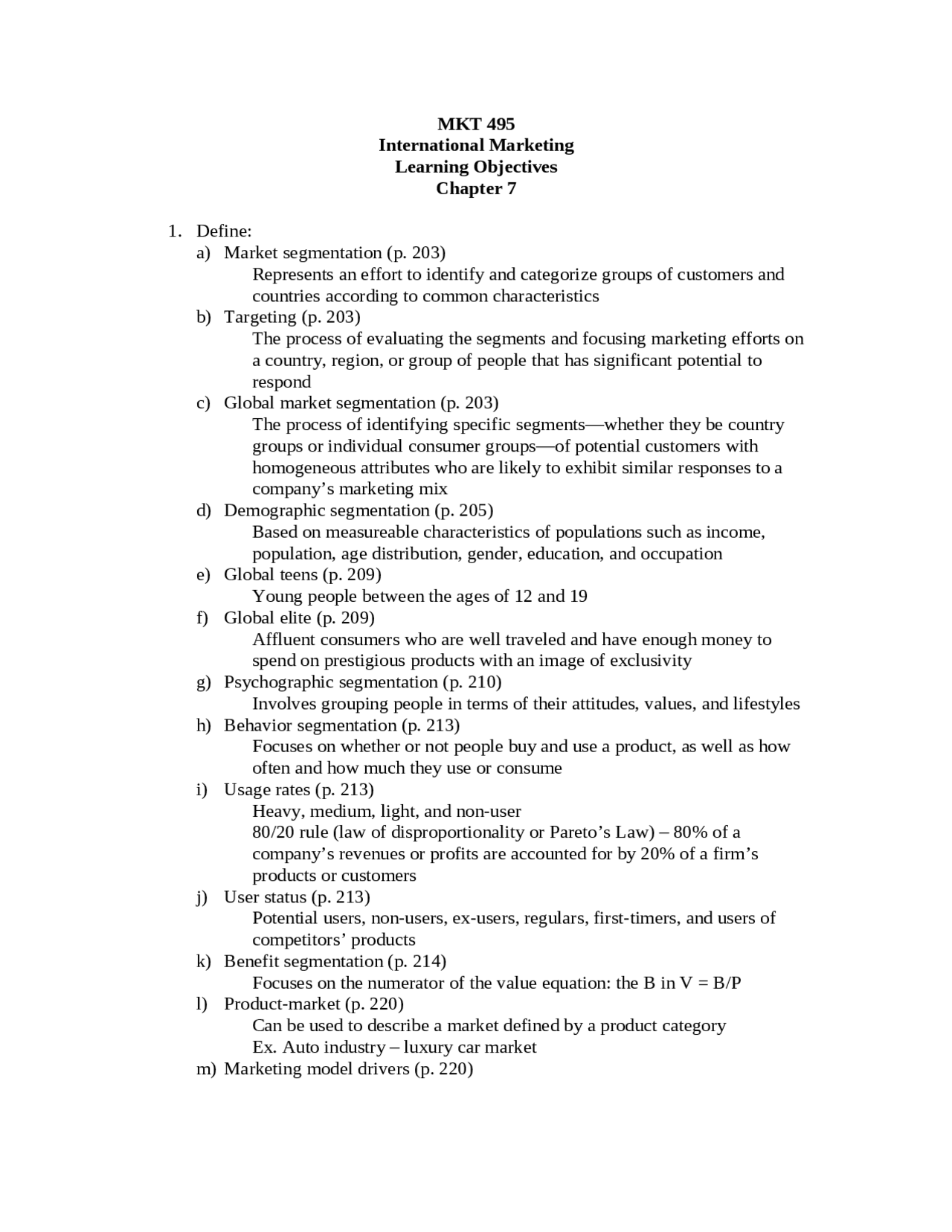 Learning Objectives International Marketing Lecture Notes Mkt 495