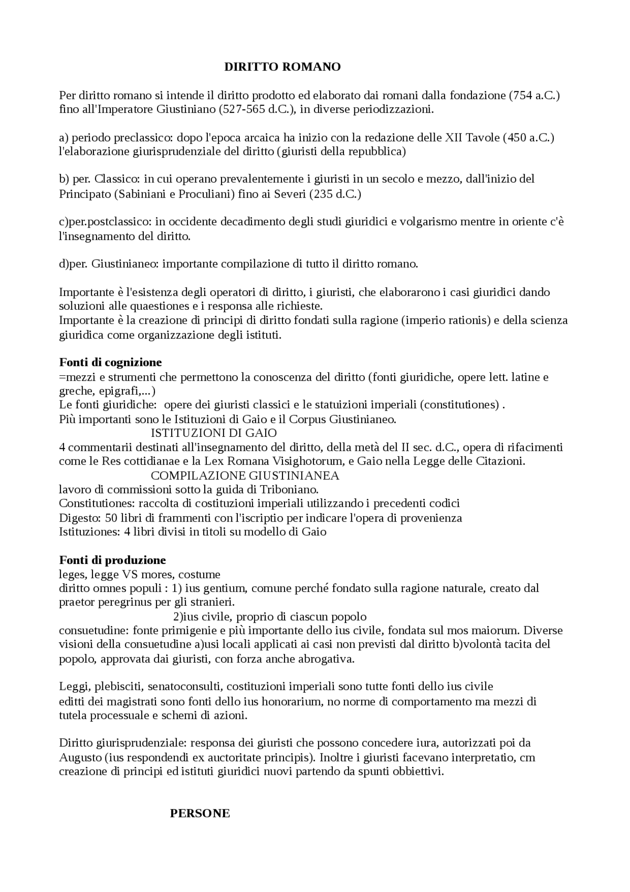 Schemi sui principali temi di diritto romano privato - Docsity