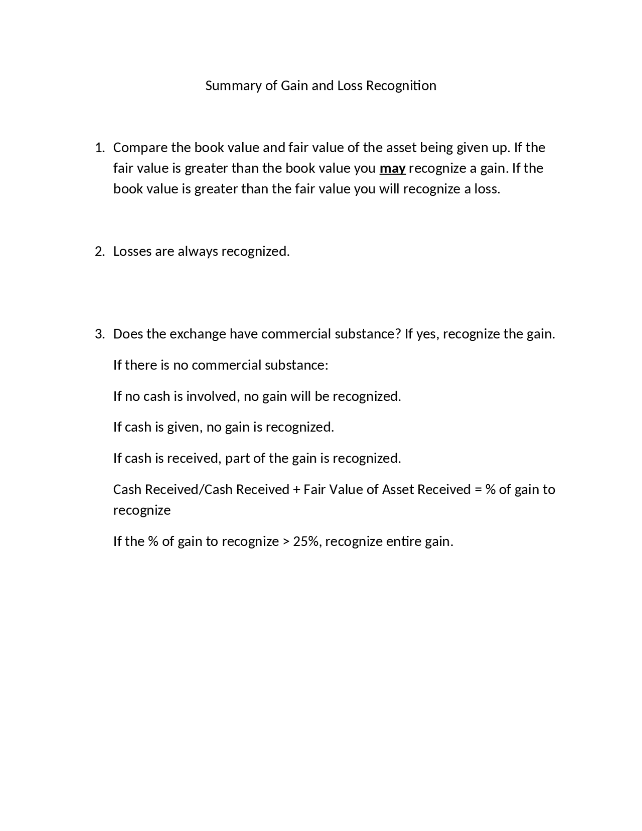 Notes on Summary of Gain and Loss Recognition | ACIS 3115 - Docsity