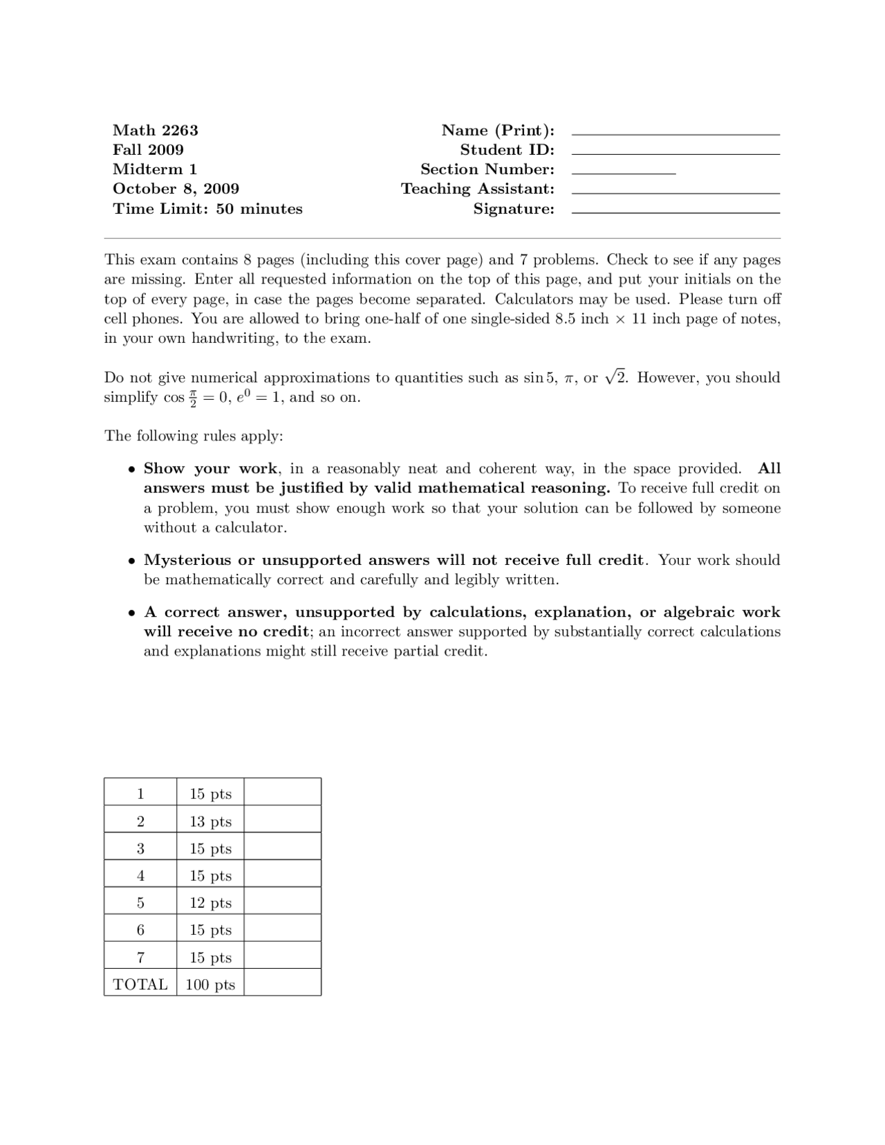 Midterm 1 With Solutions For Multivariable Calculus Math 2263 Docsity