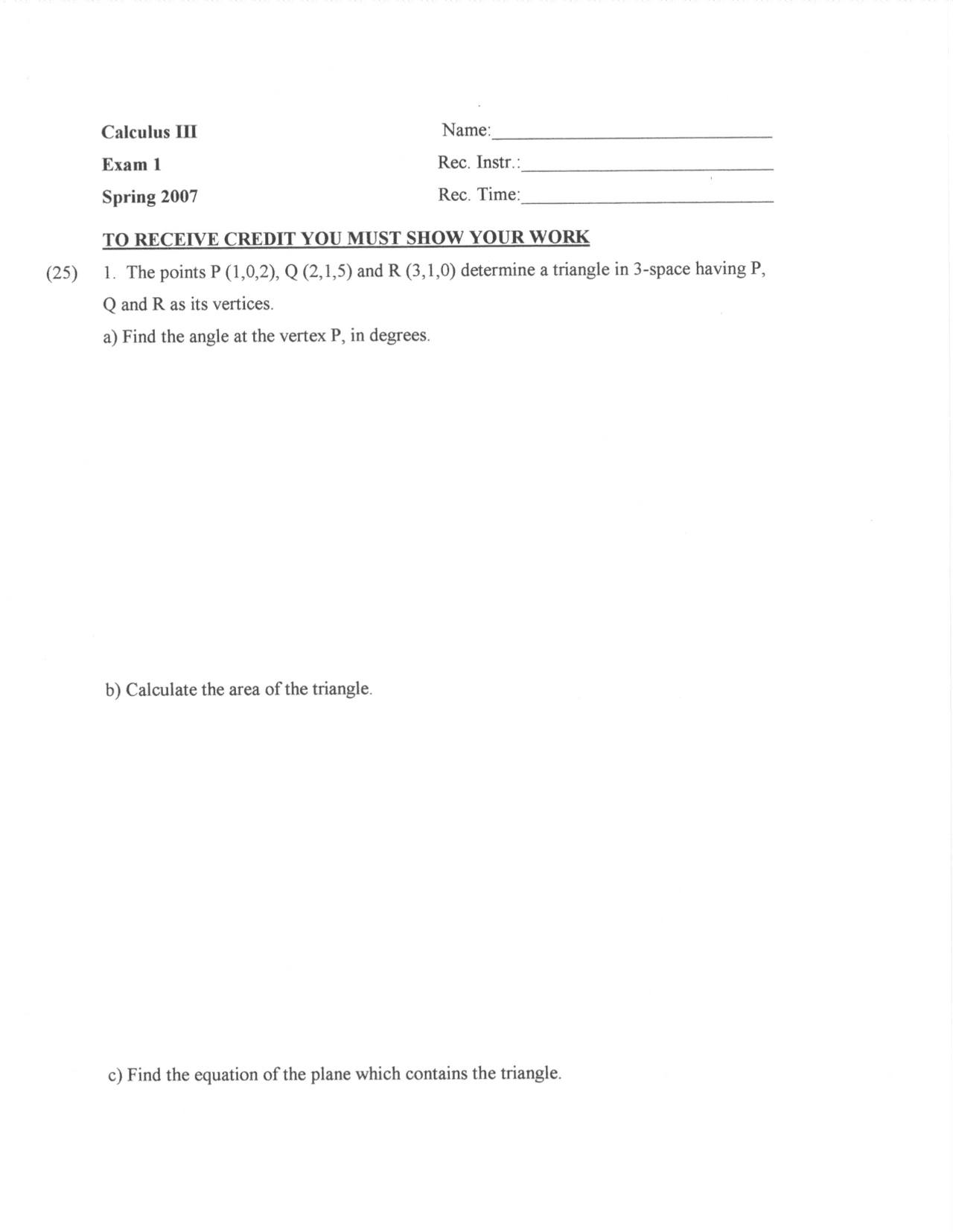 5 Questions For Exam 1 Analytical Geometry And Calculus 3 Math 222