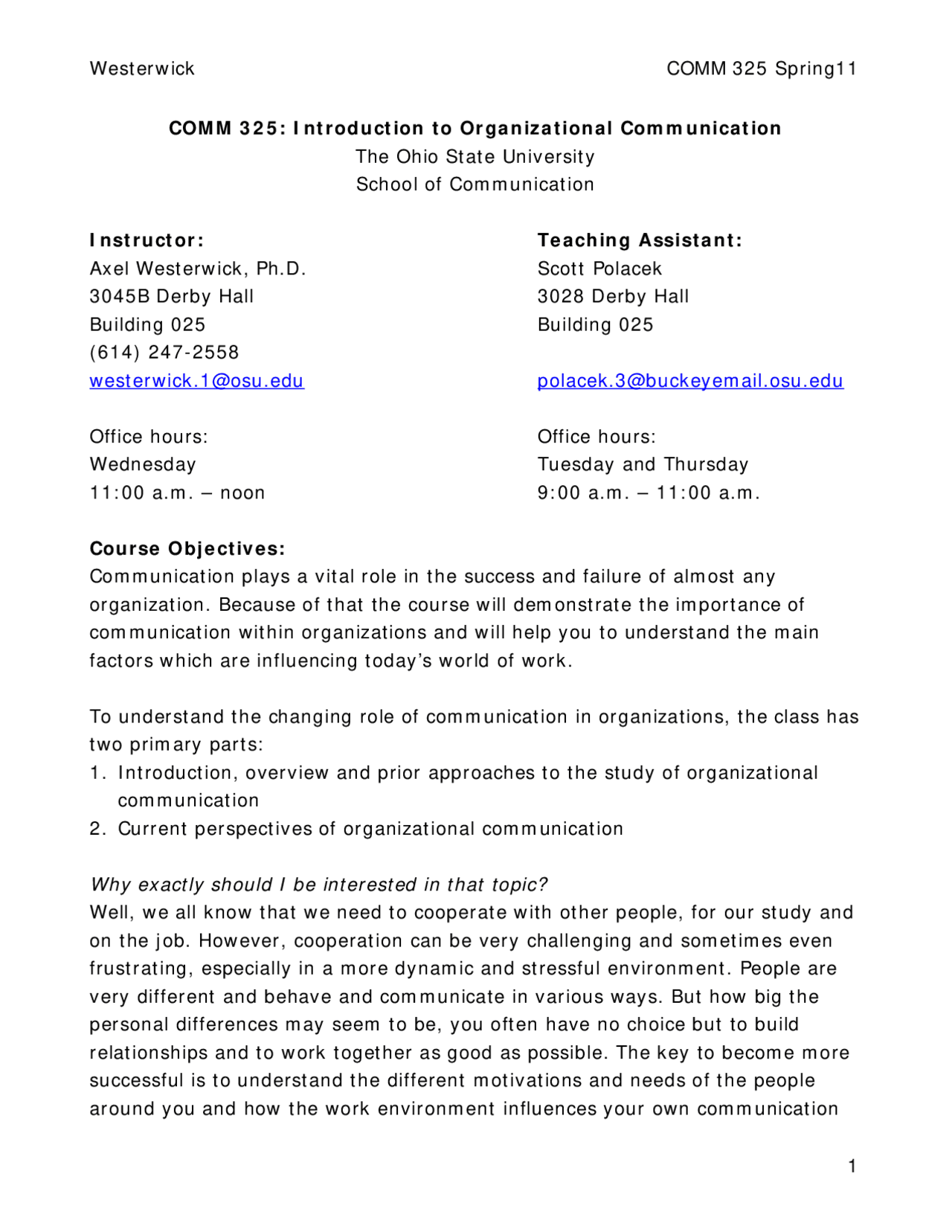 Syllabus - Introduction to Organizational Communication | COMM 325 - Docsity