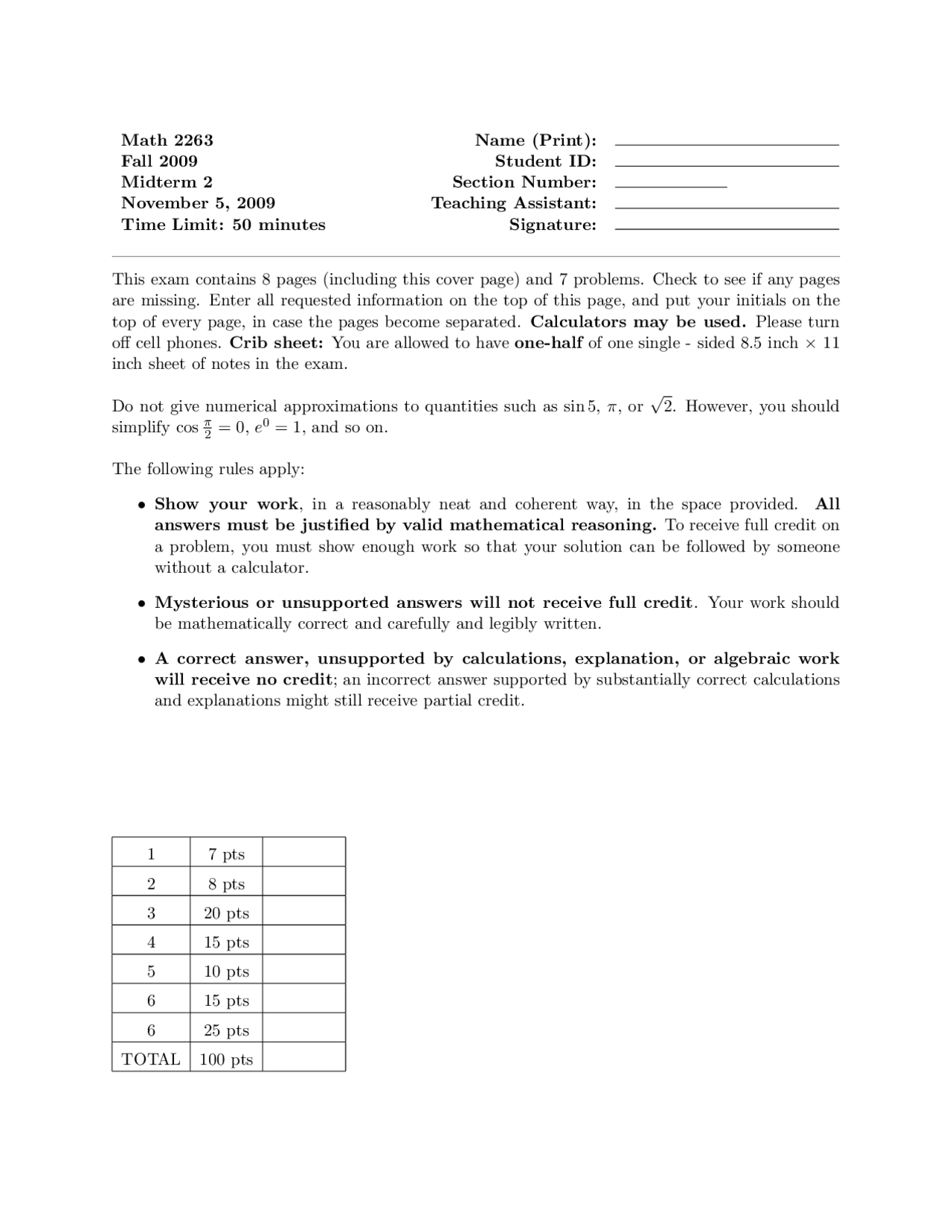 6 Questions for Midterm Exam 2 - Multivariable Calculus | MATH 2263 ...