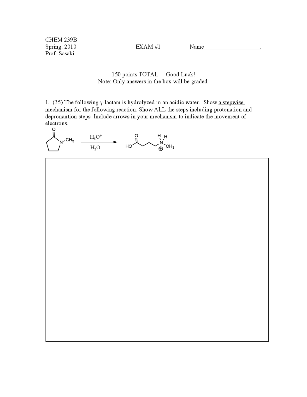 Exam 1 on Organic Chemistry - Spring 2010 | CHEM 239 - Docsity