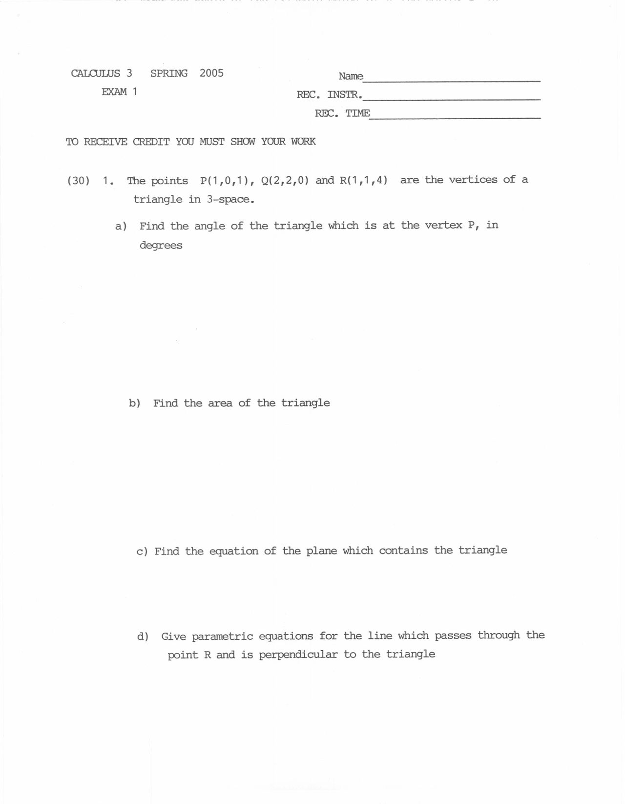 Questions For Exam 1 Analytic Geometry And Calculus 3 Math 222