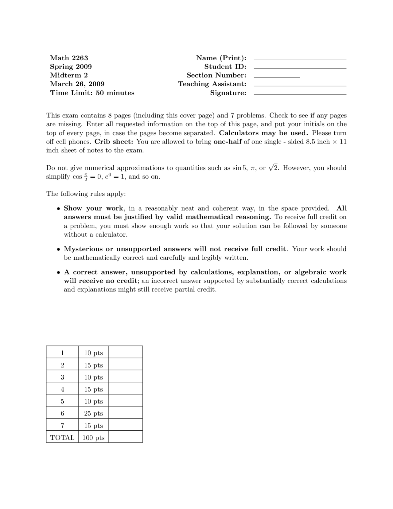 Multivariable Calculus 6 Questions In Midterm Exam Math 2263 Docsity