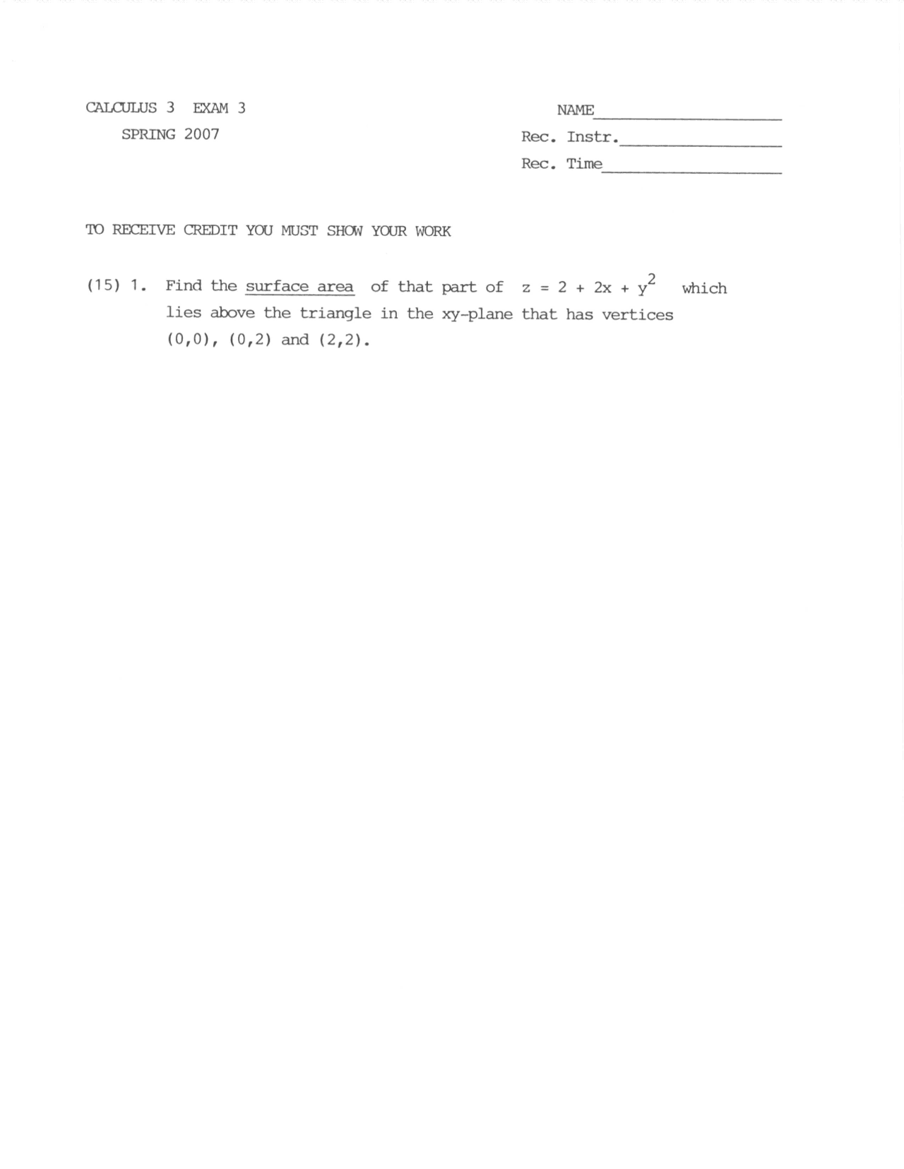 Exam 3 Questions Analytical Geometry And Calculus 3 Math 222 Docsity