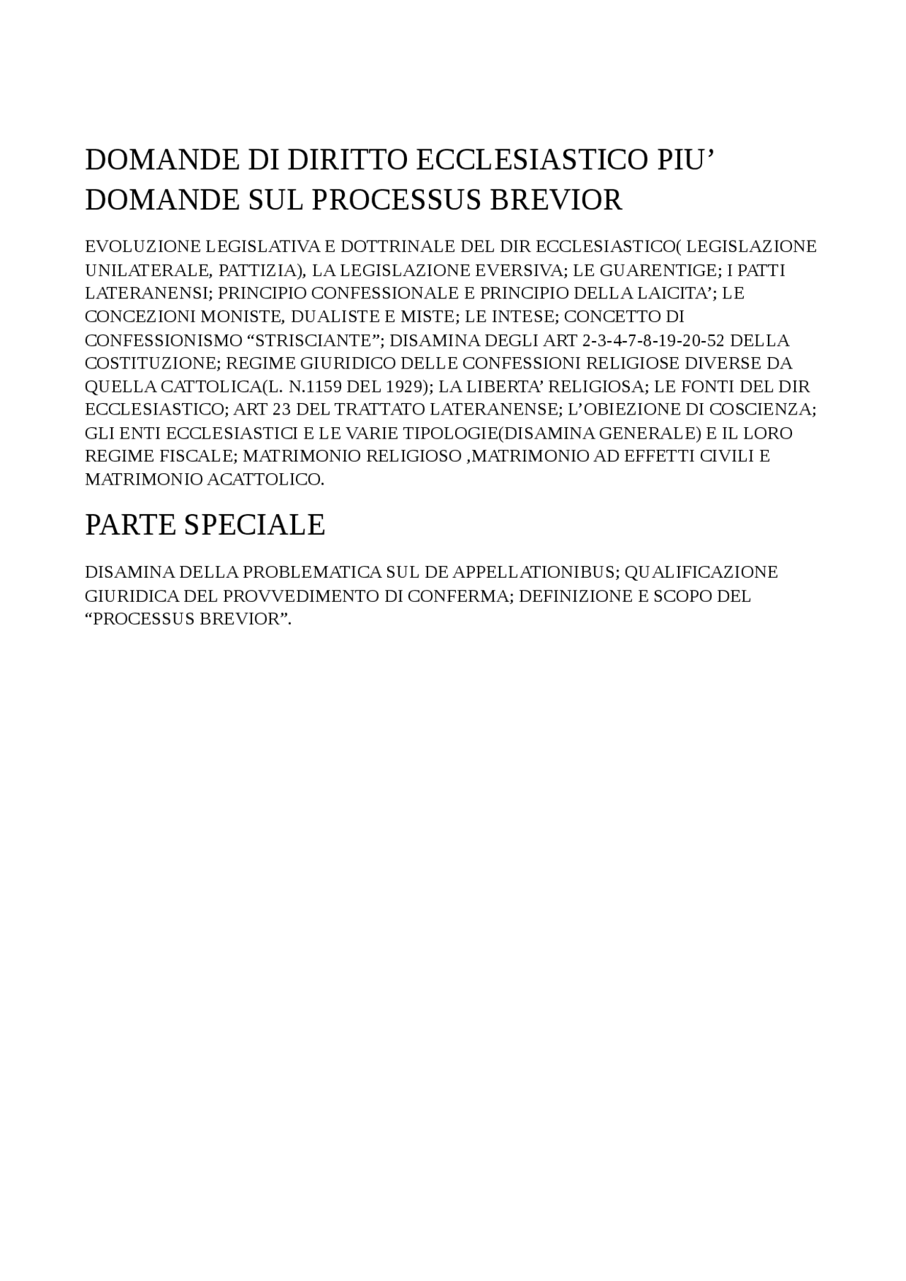 Domande Di Diritto Ecclesiastico Compreso Il Processus Brevior 6cfu