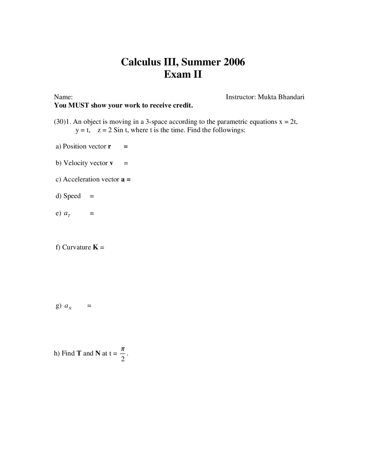 Unsolved Questions For Exam 2 Analytical Geometry And Calculus 3