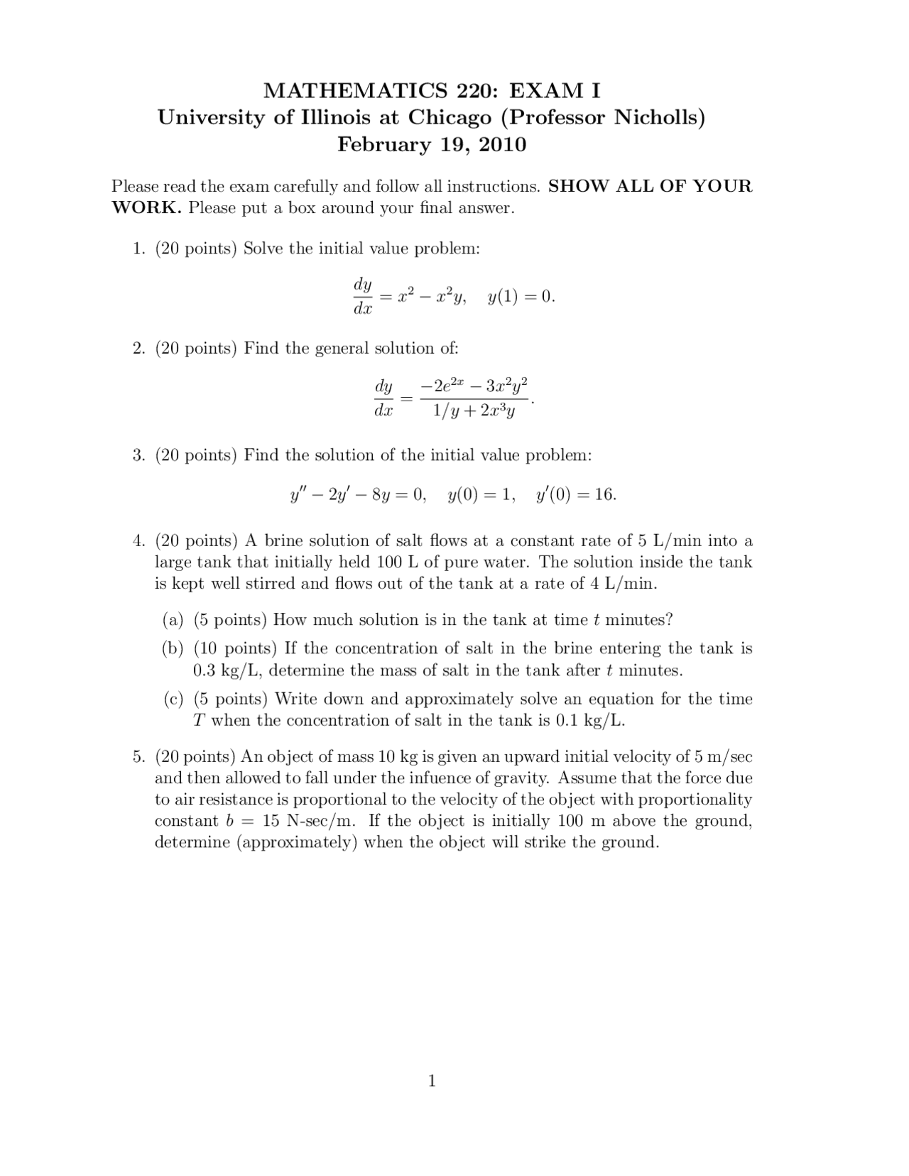 Solution For Exam 1 Introduction To Differential Equations Math 220