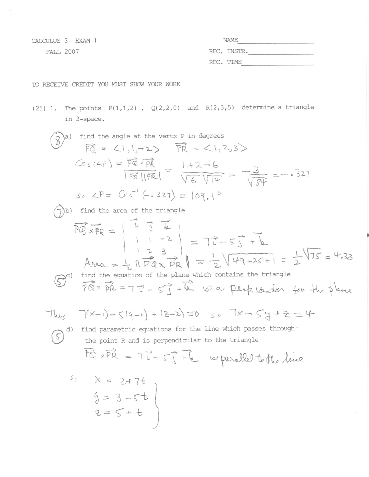 Exam 1 Solved Questions Analytical Geometry And Calculus 3 Math 222