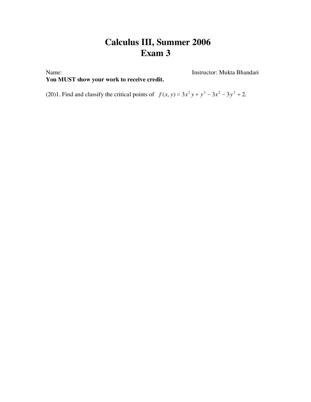 6 Questions Of Analytic Geometry And Calculus 3 Exam 3 Math 222