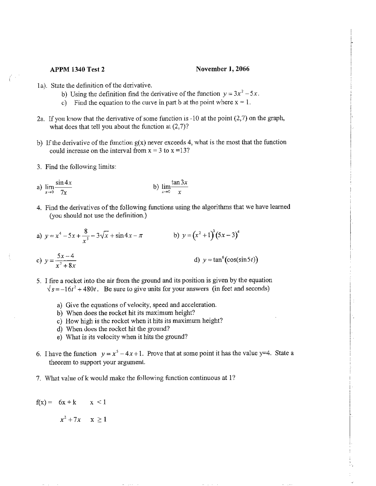 Test 2 Questions Calculus 1 With Algebra Part A Appm 1340 Docsity