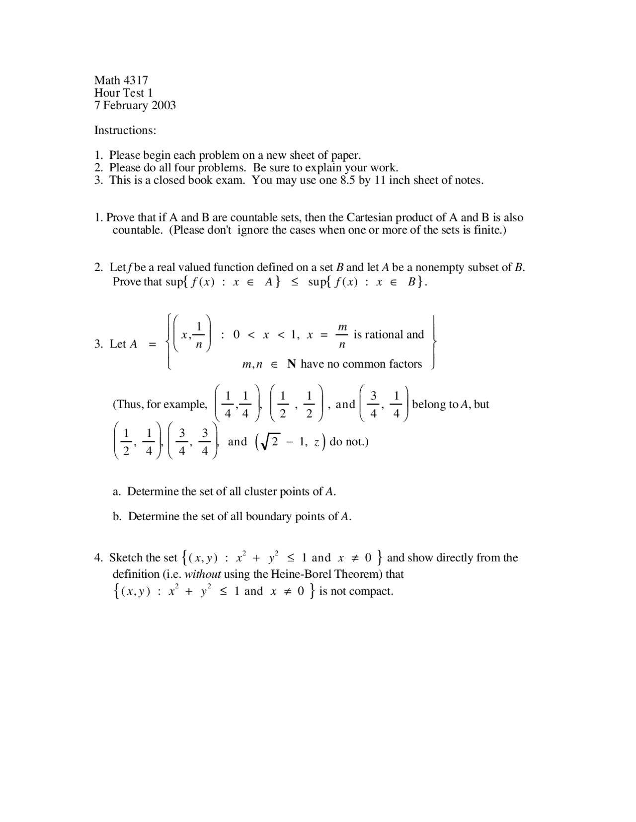 Test 1 with Answers | Analysis I 2003 | MATH 4317 - Docsity