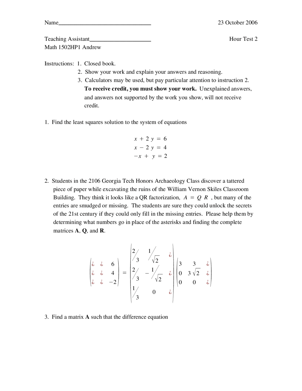 Exam 2 With Answer Key Honors Calculus Ii Math 1512 Docsity