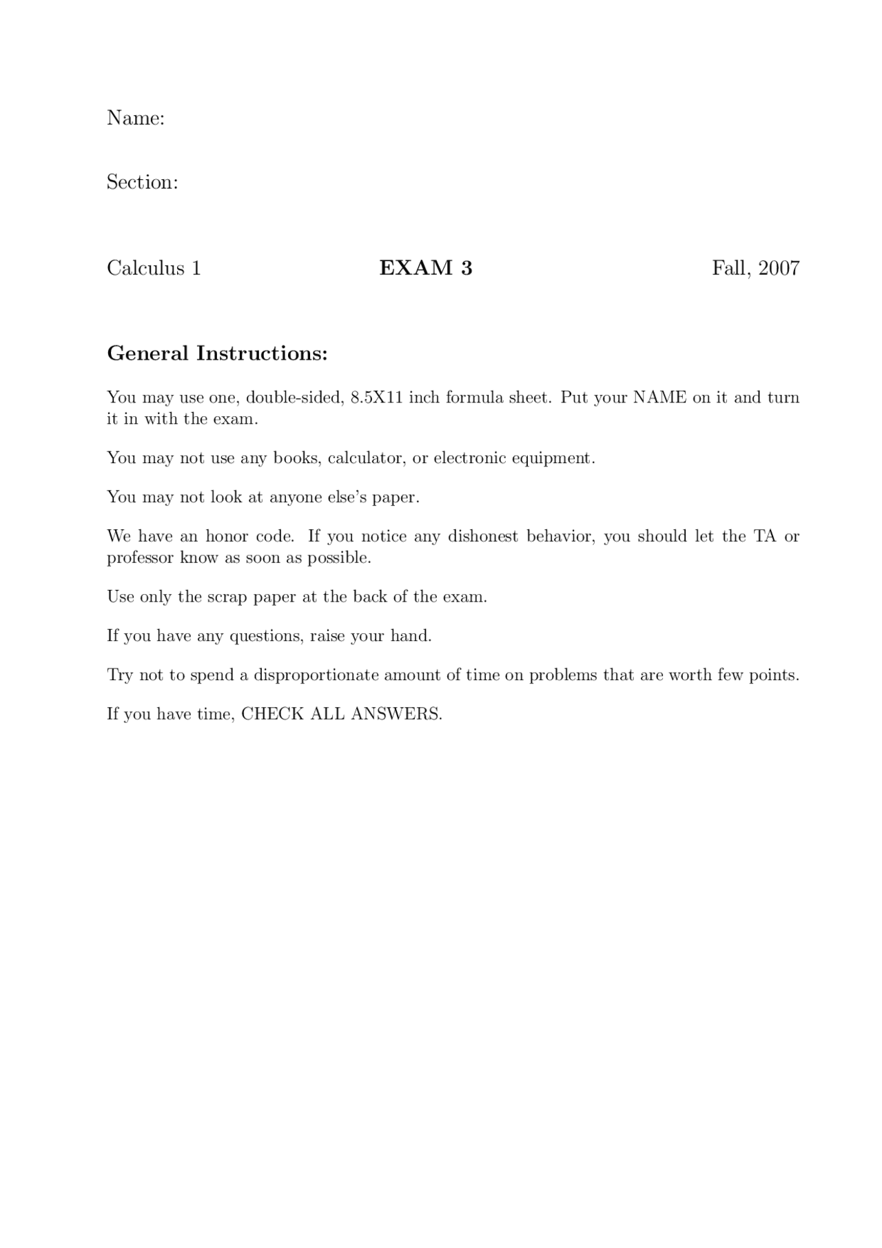 General Instructions Calculus L Examination 3 Math 1501 Docsity