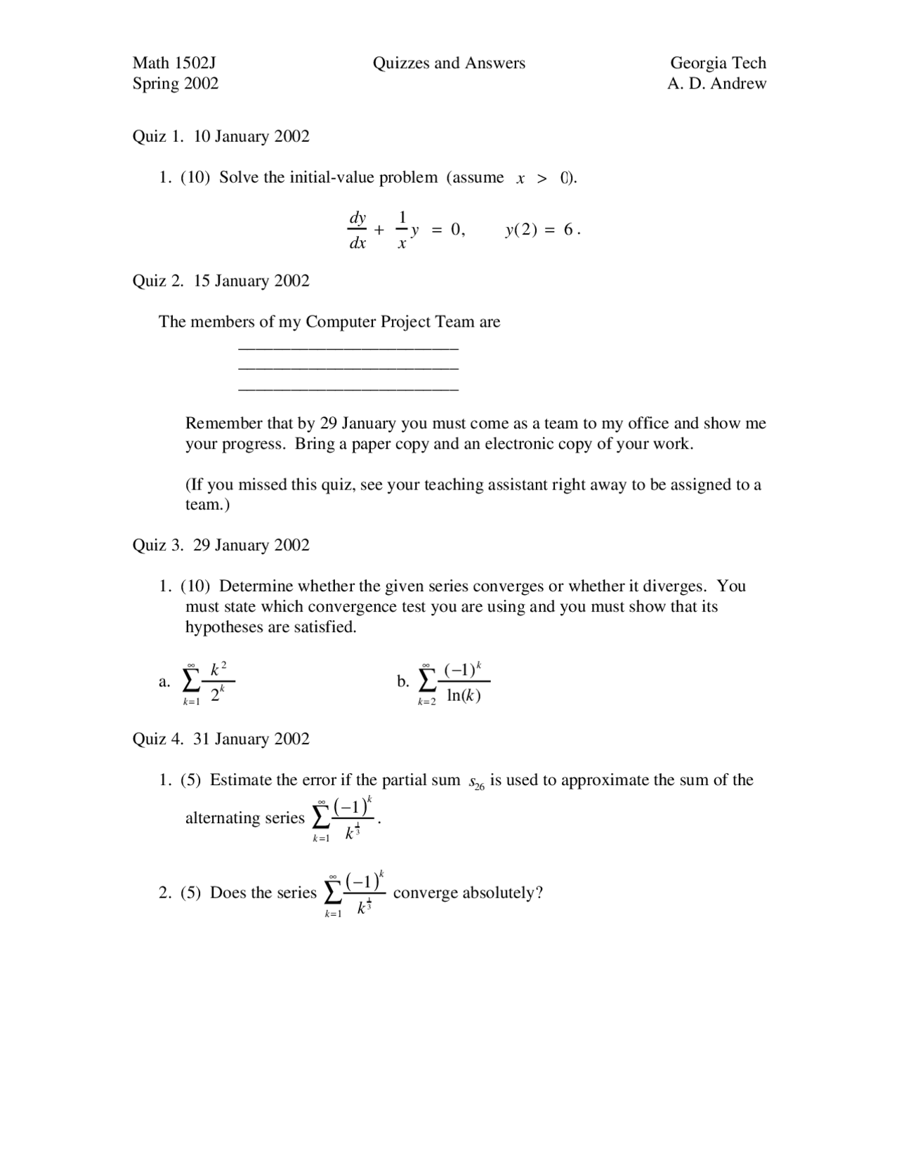 Quiz with Answers of Calculus II - Fall 2002 | MATH 1502 - Docsity