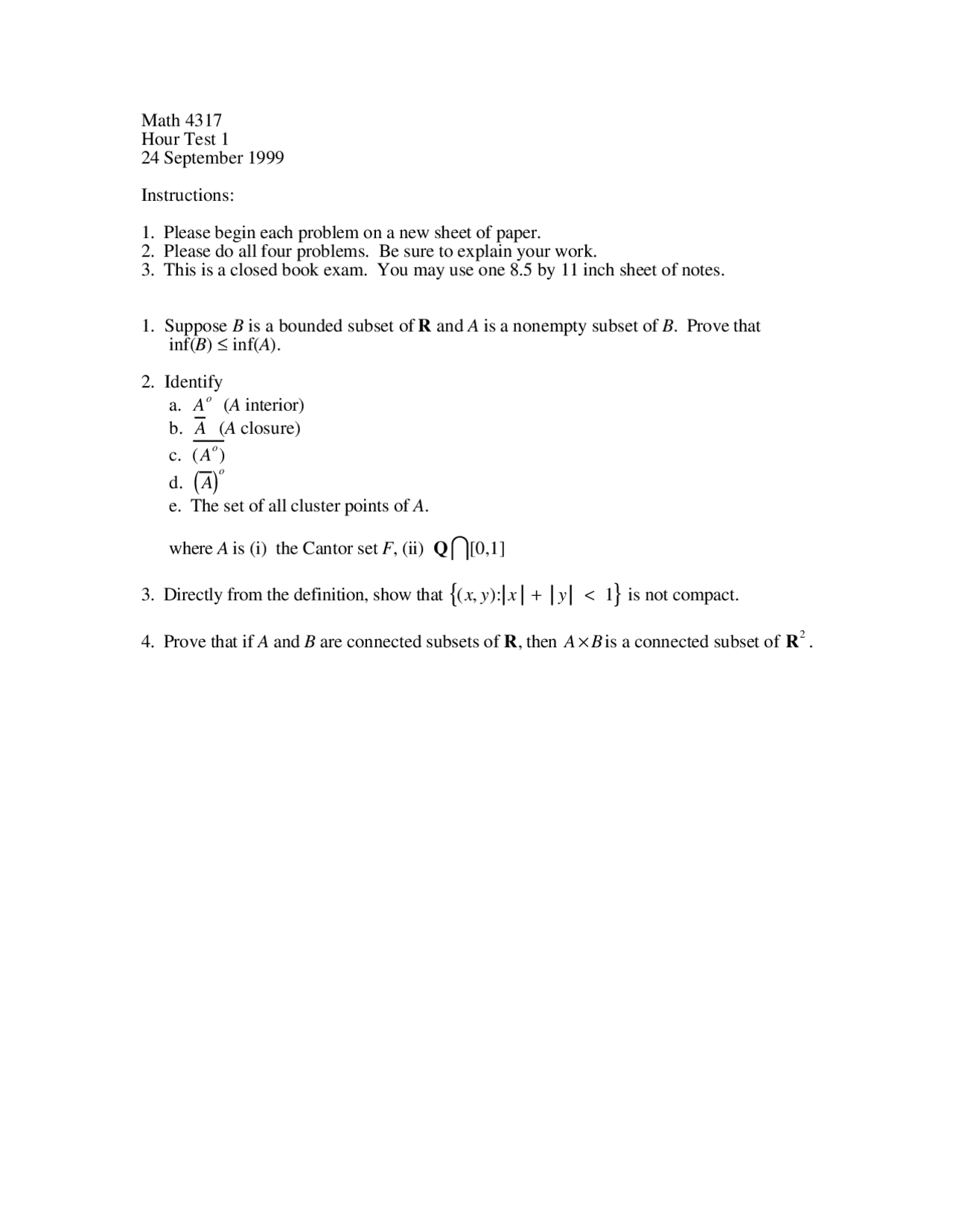 Practice Test 1 4 Problems On Analysis I Math 4317 Docsity