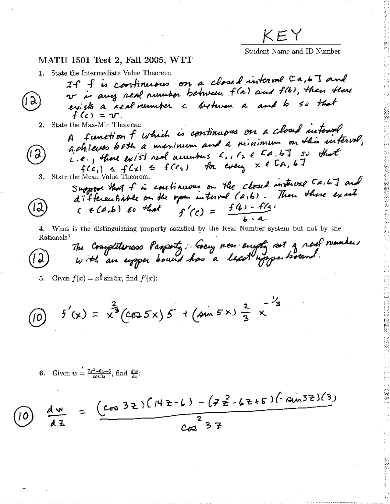 Test #2 with Answer Key - Calculus I | MATH 1501 - Docsity