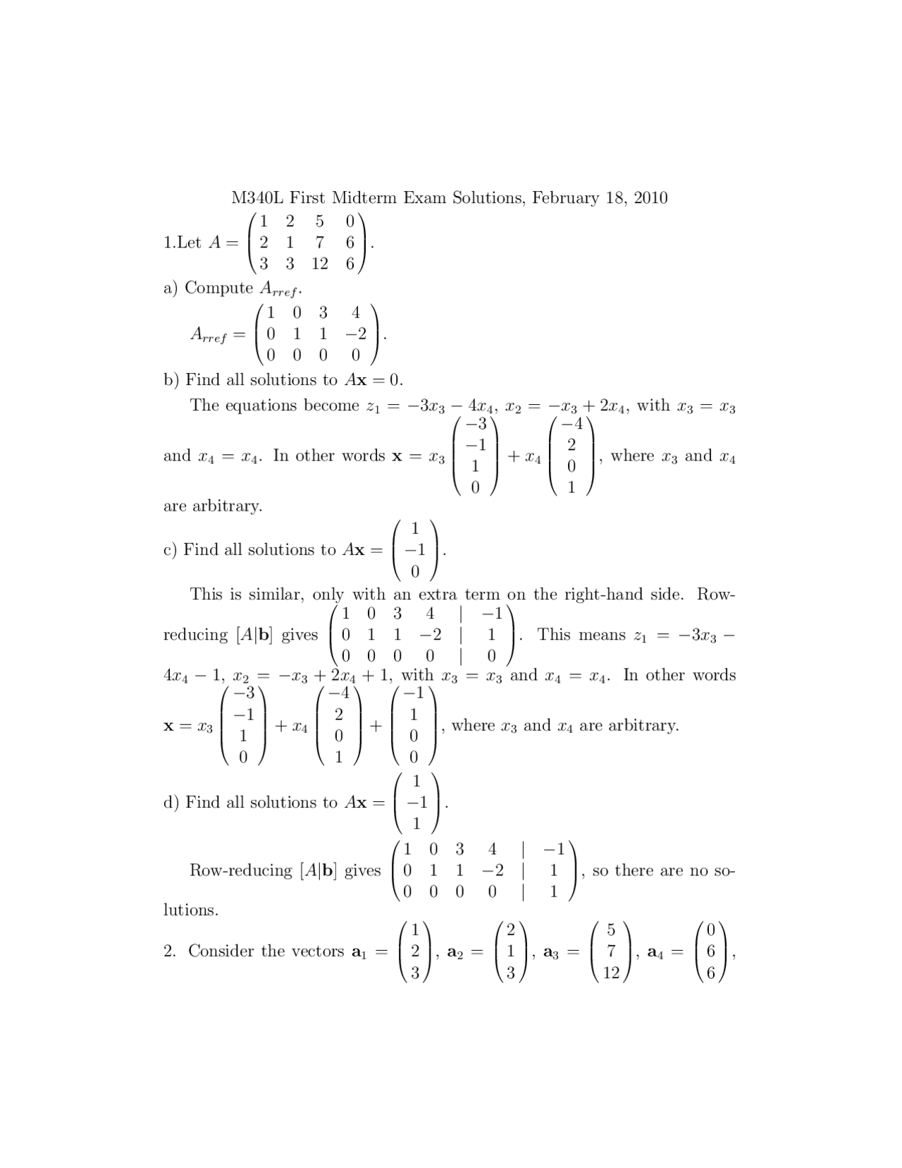 Midterm Exam 1 Solutions Matrices And Matrix Calculations M 340l