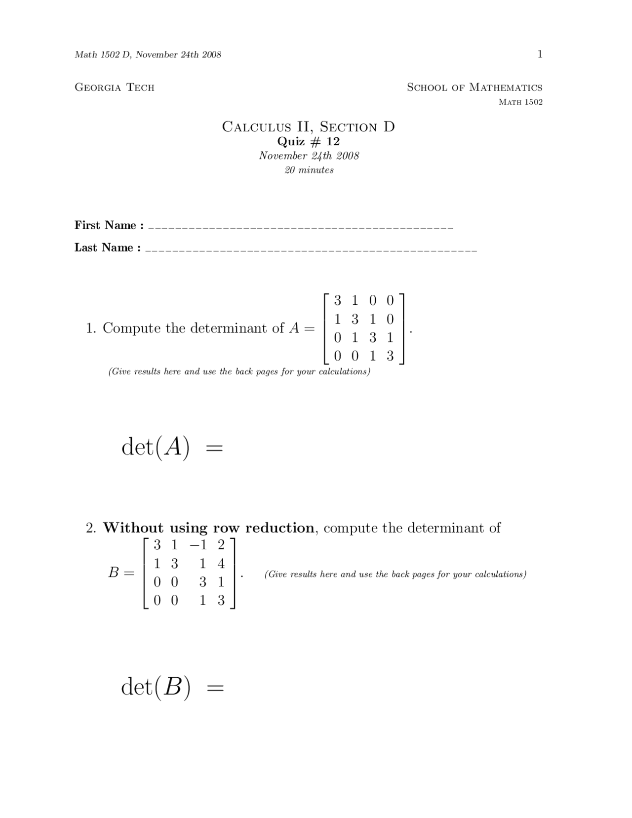 Quiz 12 Review Questions - Calculus II | MATH 1502 | Quizzes Calculus | Docsity