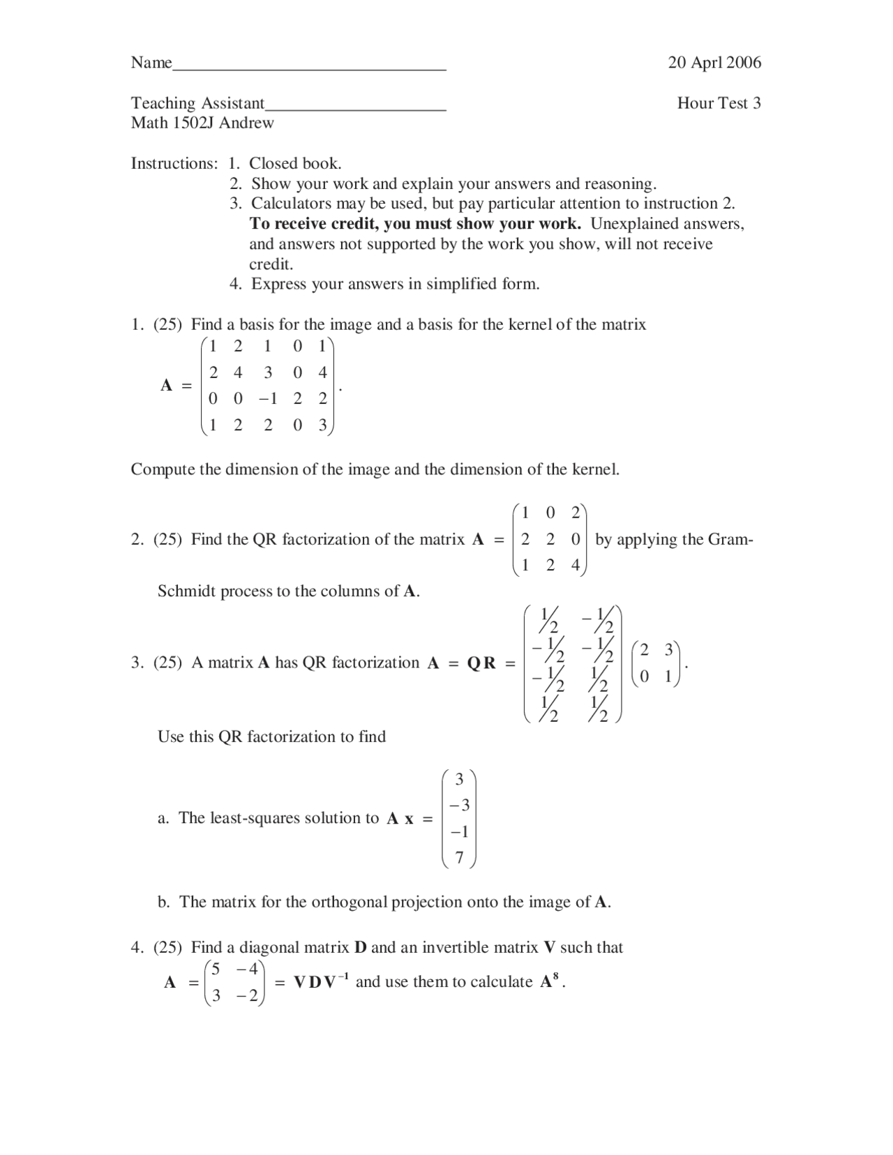 Test 3 With Answers Calculus Ii Math 1502 Docsity