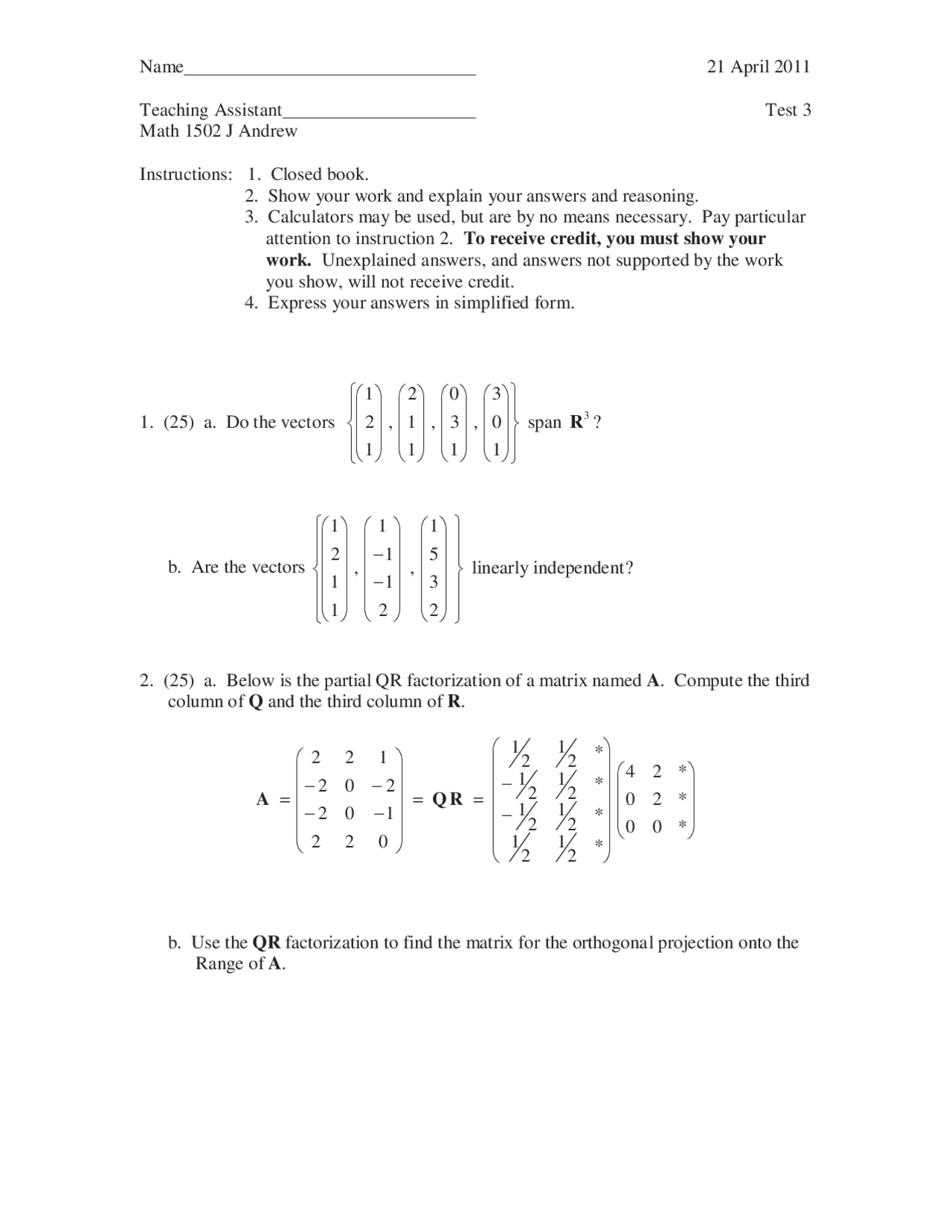 Examination 3 Questions With Answer Calculus Ii Math 1502 Docsity