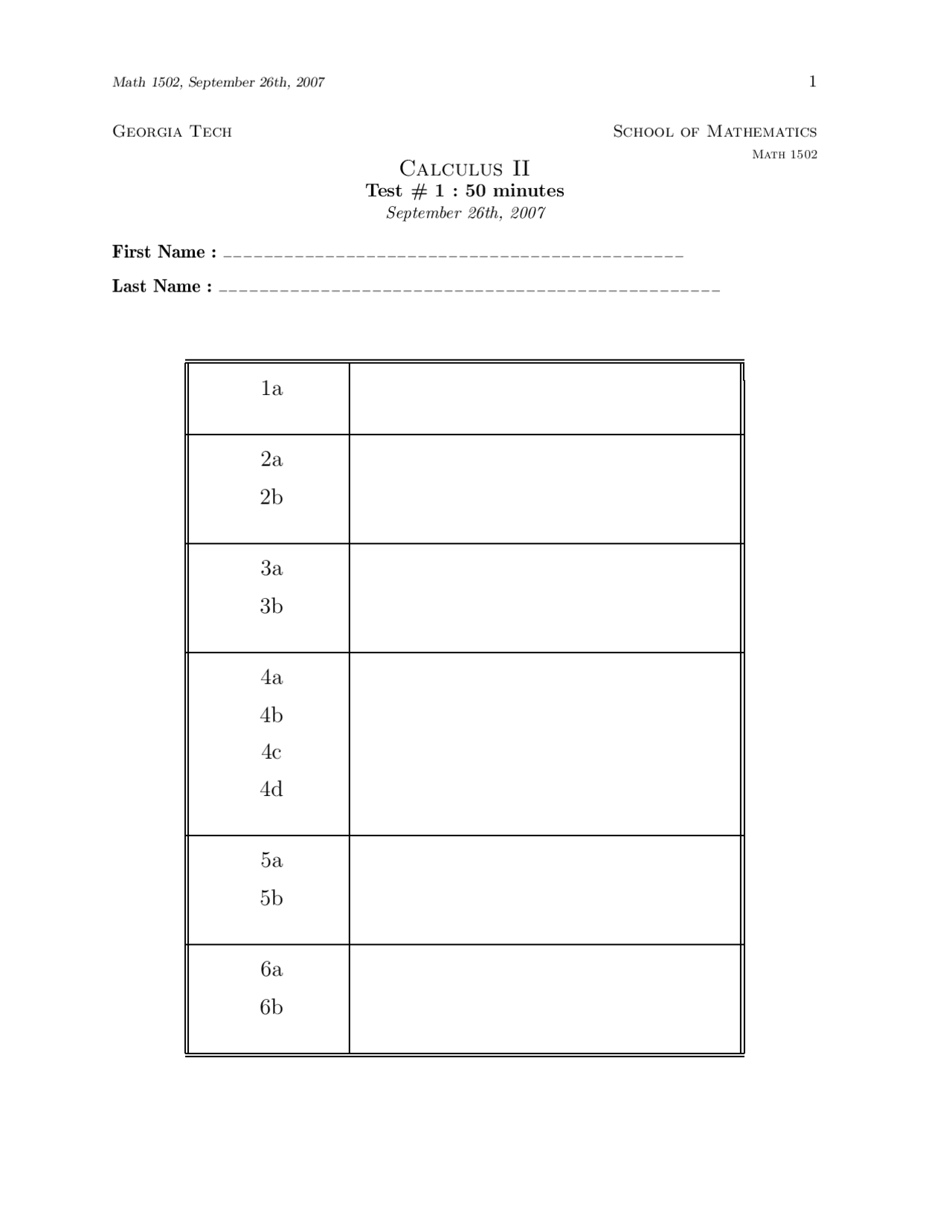6 Questions In Test 1 Calculus Ii Math 1502 Docsity