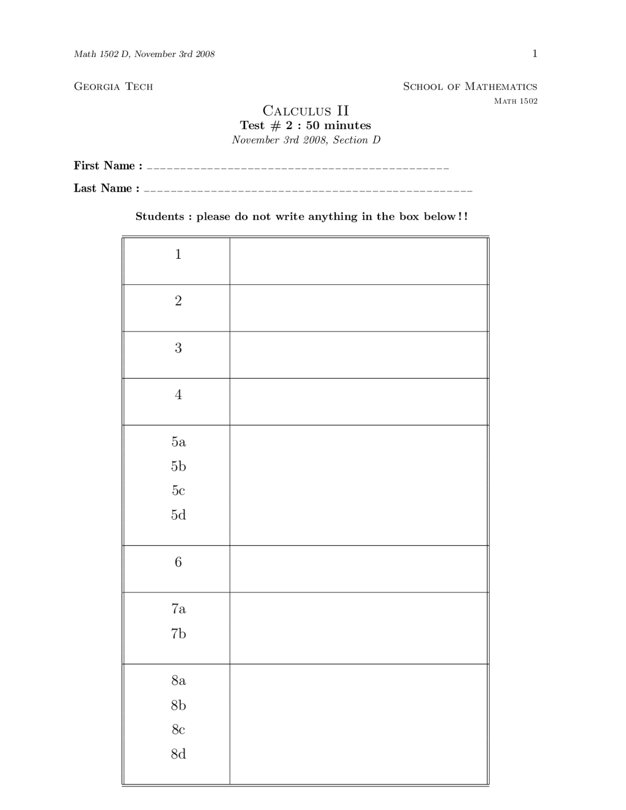8 Problems Test 2 Calculus Ii Fall 2008 Math 1502 Docsity