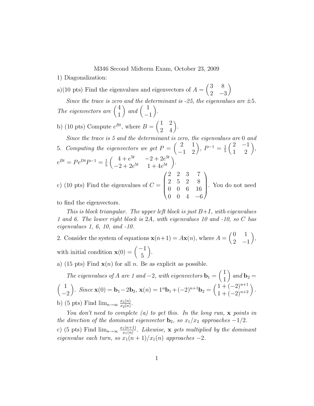 Second Midterm Exam Applied Linear Algebra M 346 Docsity