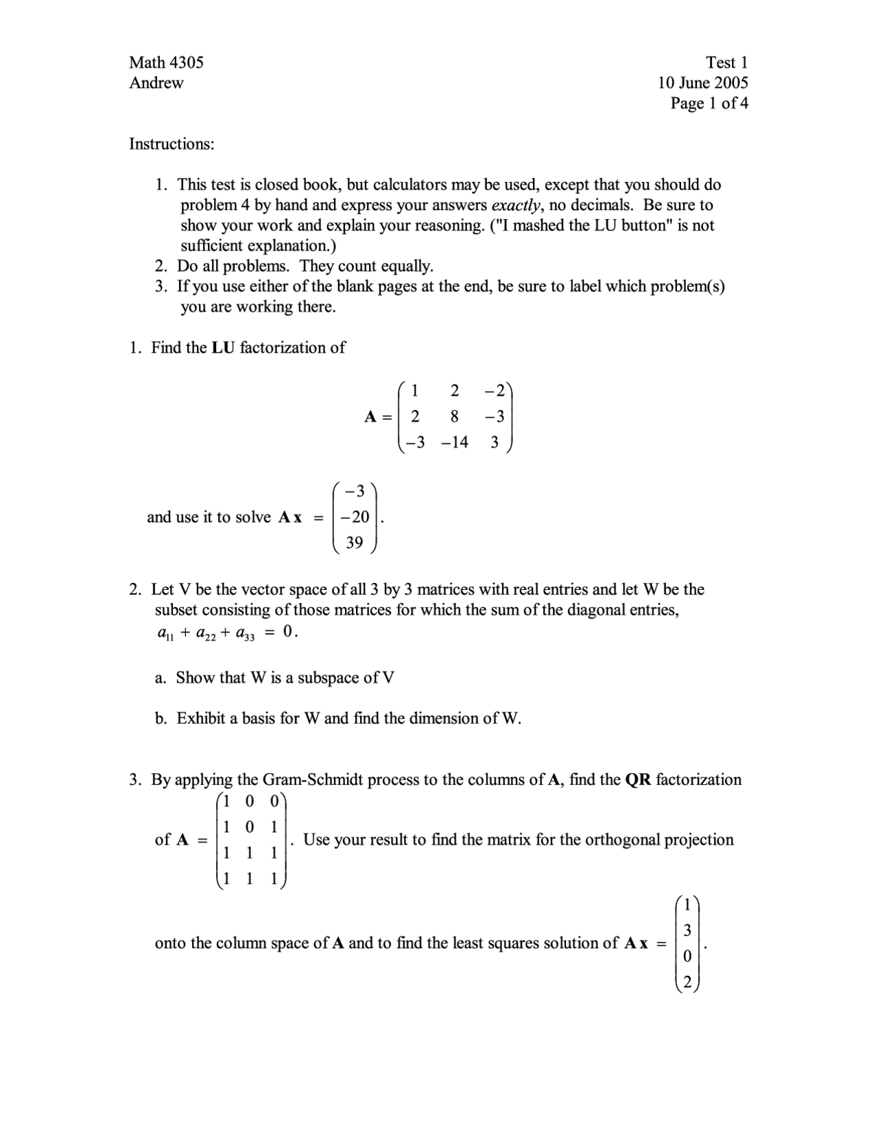 Test 1 Questions Linear Algebra Fall 2005 Math 4305 Docsity