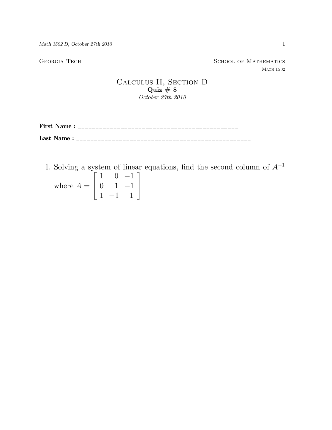 Questions for Quiz 8 - Calculus II - Fall 2010 | MATH 1502 - Docsity