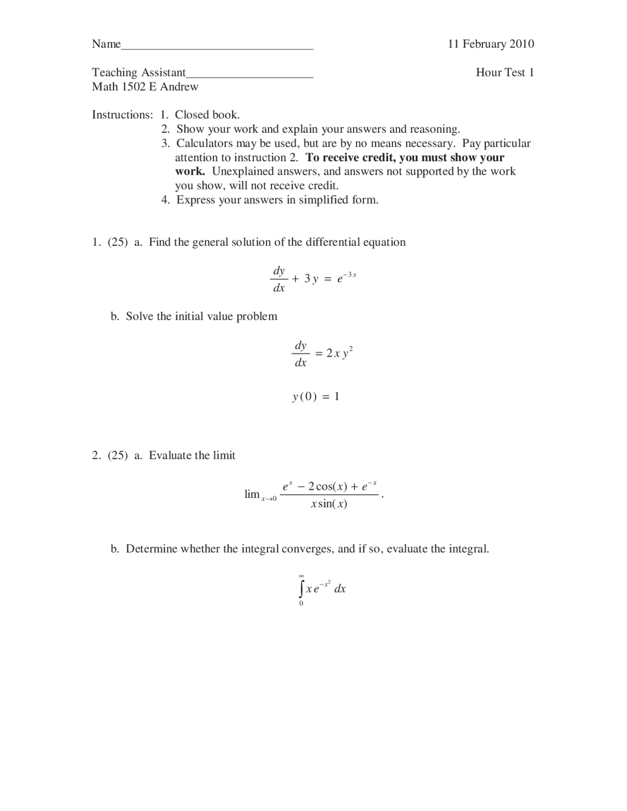 4 Questions With Answer Calculus Ii Exam 1 Math 1502 Docsity