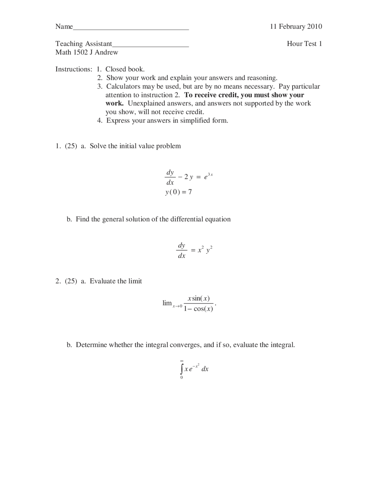 4 Solved Problems On Calculus Ii Examination 1 Math 1502 Docsity