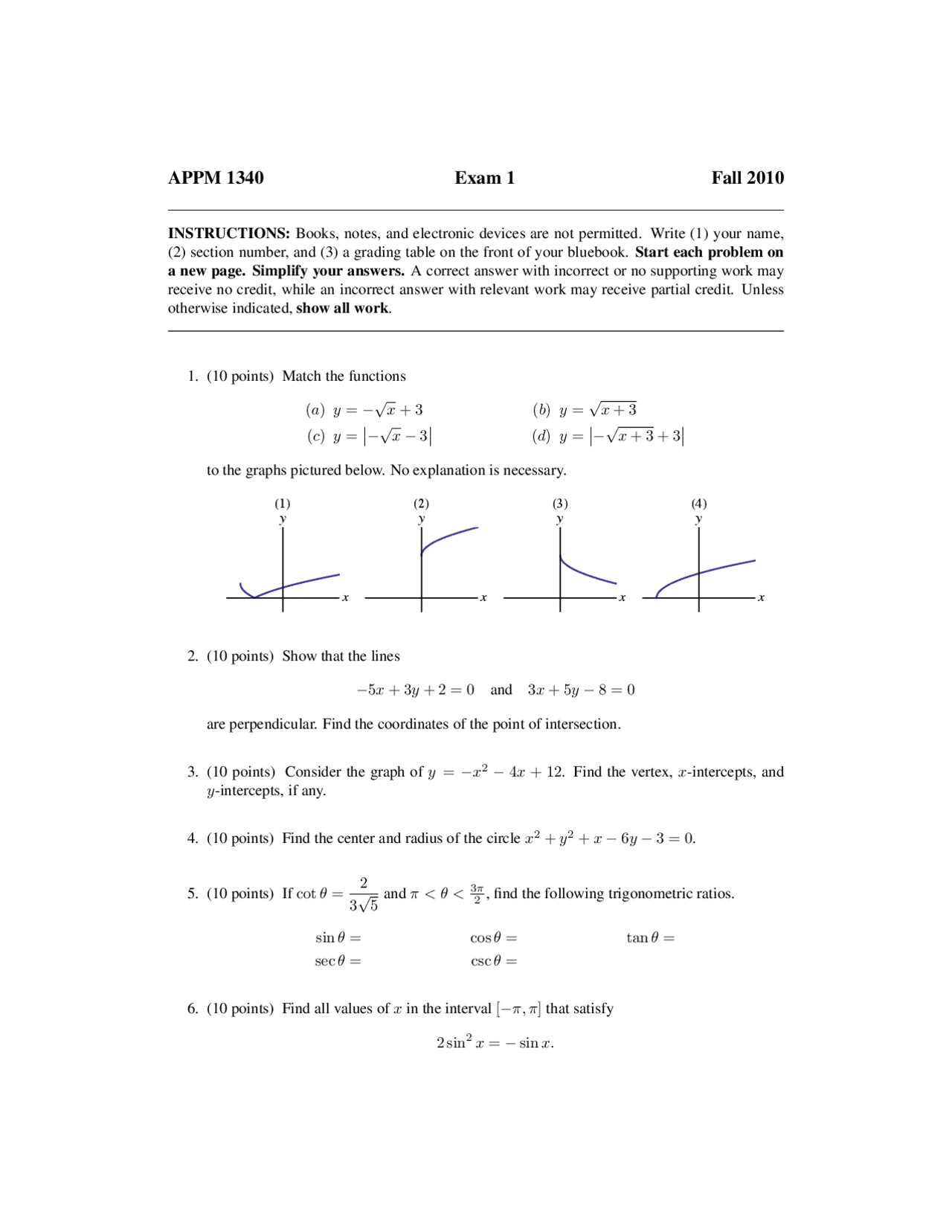 Solutions For Test I Calculus 1 With Algebra Part A Appm 1340