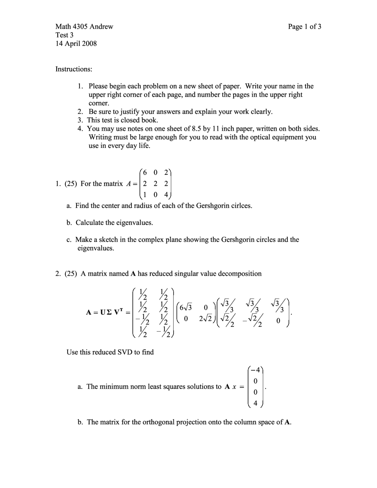 4 Questions On Linear Algebra With Answers Exam 3 Math 4305 Docsity