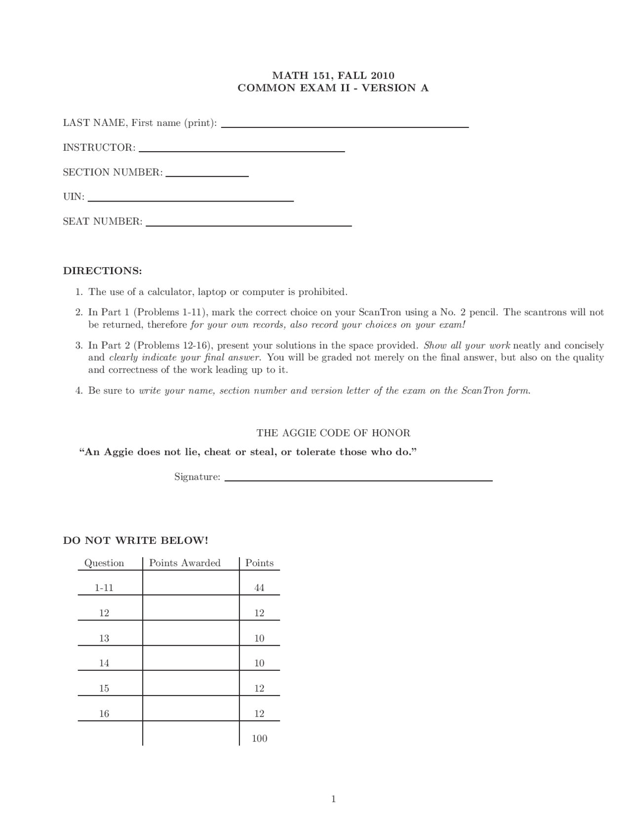 Solved Mixed Questions of Engineering Math I - Exam 2 | MATH 151 ...