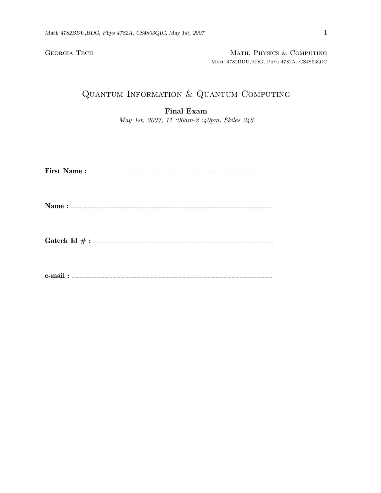 Quantum Information And Quantum Computing Practice Final Exam Math
