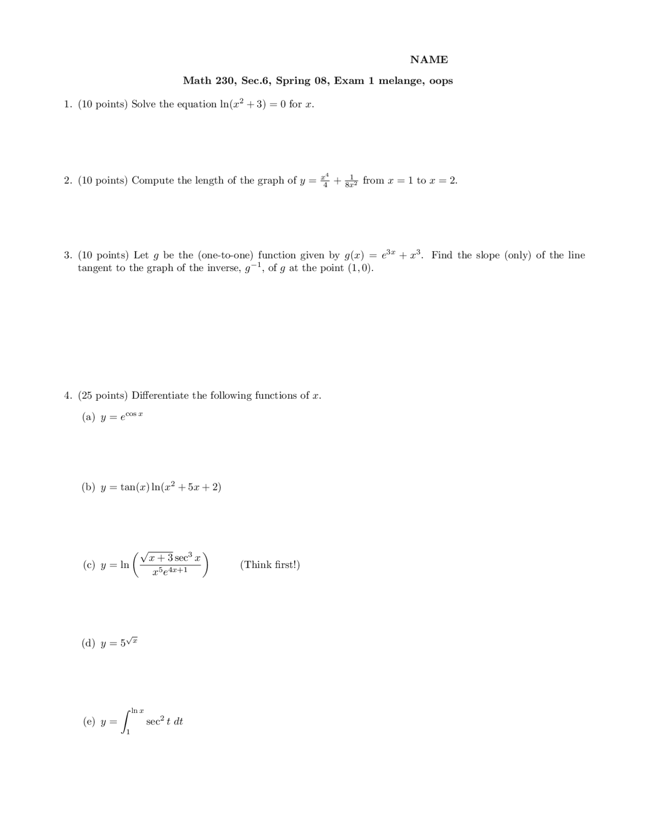 Exam 1 For Calculus Ii Spring 2008 Math 230 Docsity