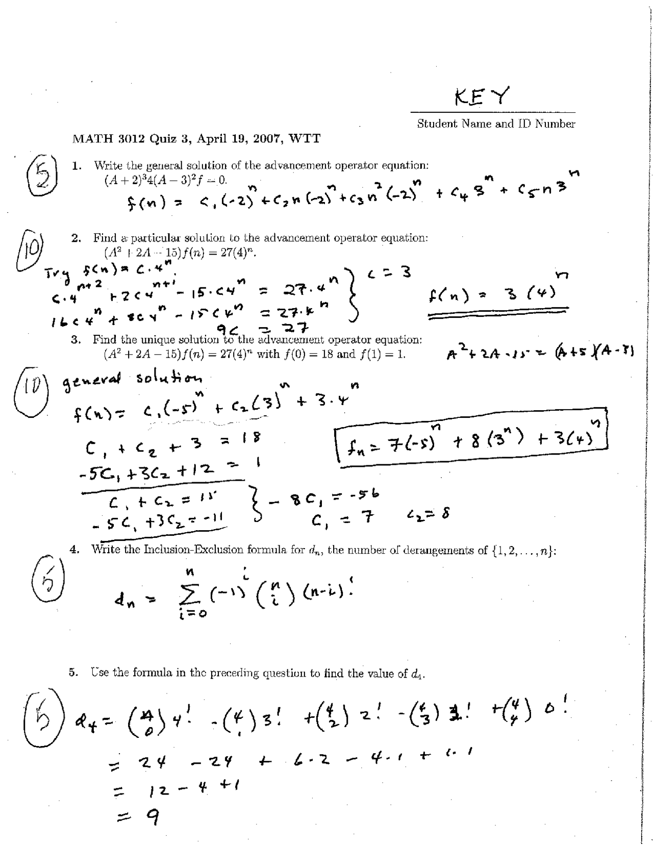 Advancement Operator Equation - Quiz 3 with Answer Key | MATH 3012 ...