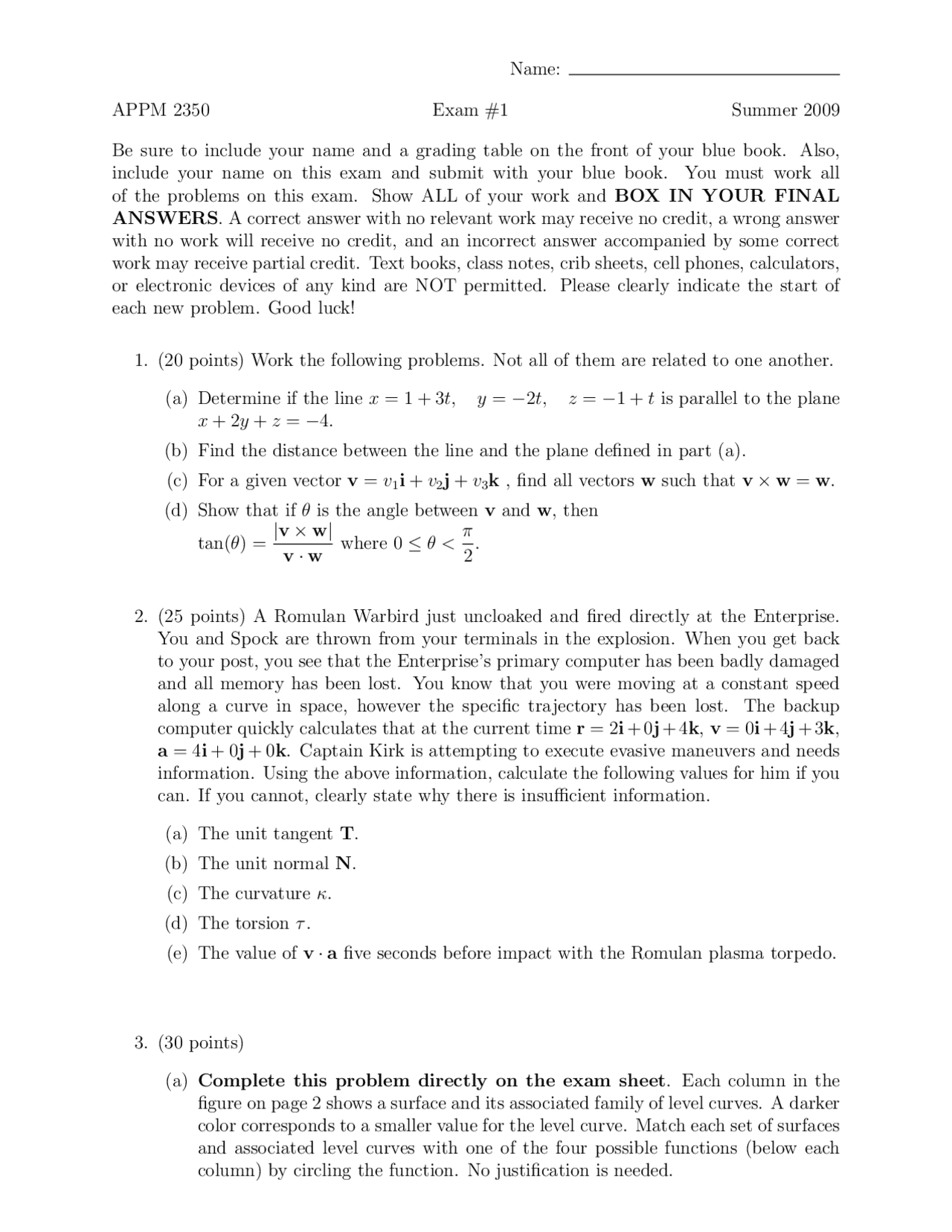 Solved Questions for Exam 1 - Calculus 3 for Engineers | APPM 2350 ...