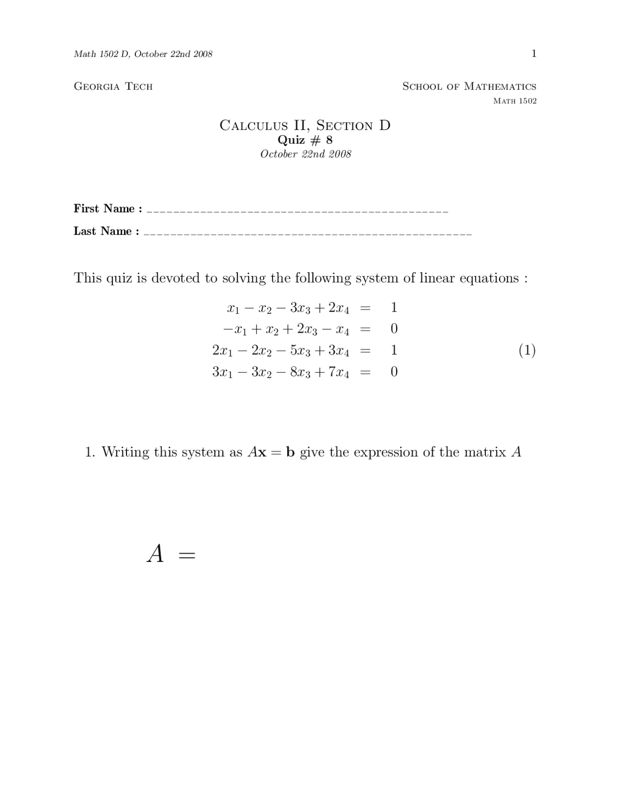 Questions On Calculus Ii Quiz Viii Math 1502 Docsity
