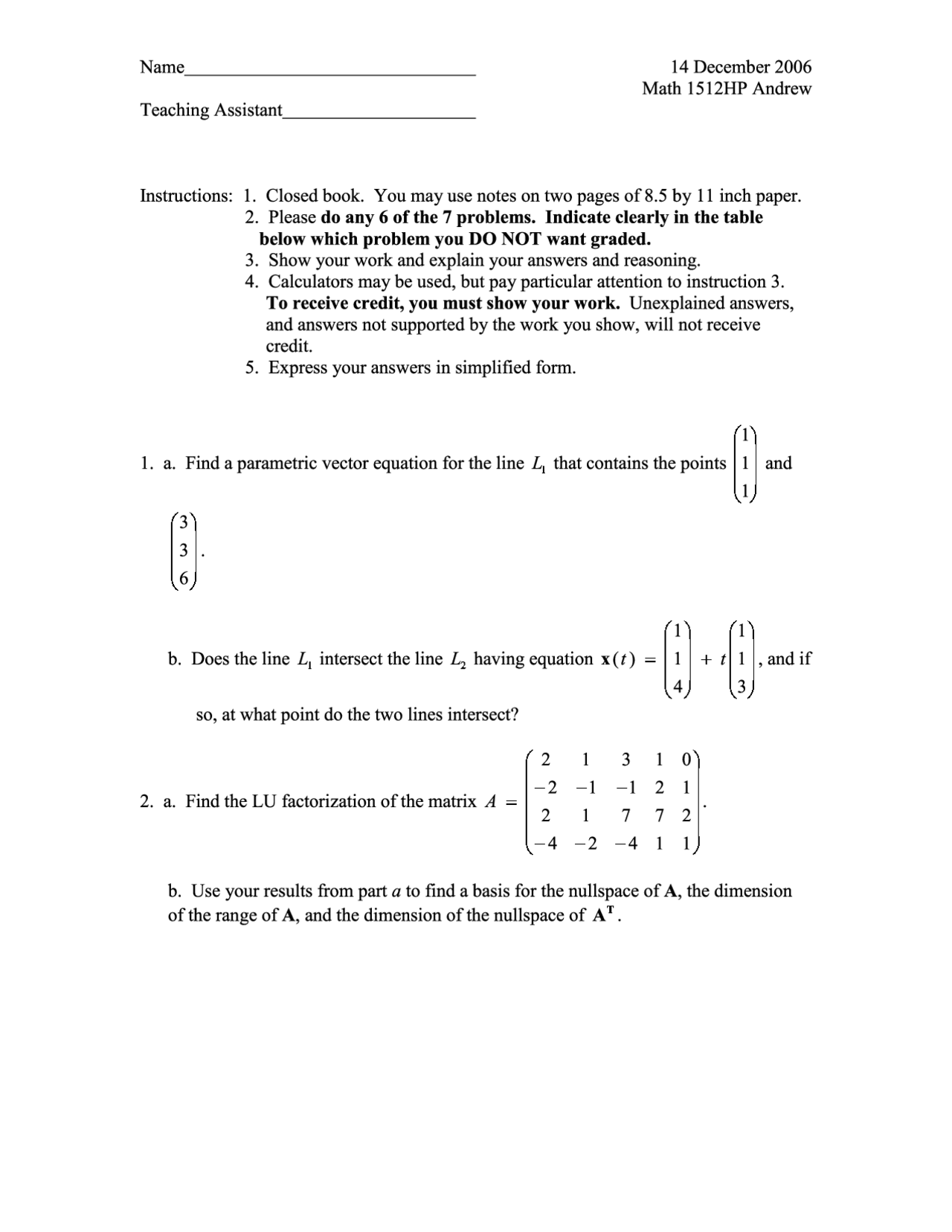 Unsolved Final Exam Honors Calculus Ii Math 1512 Docsity