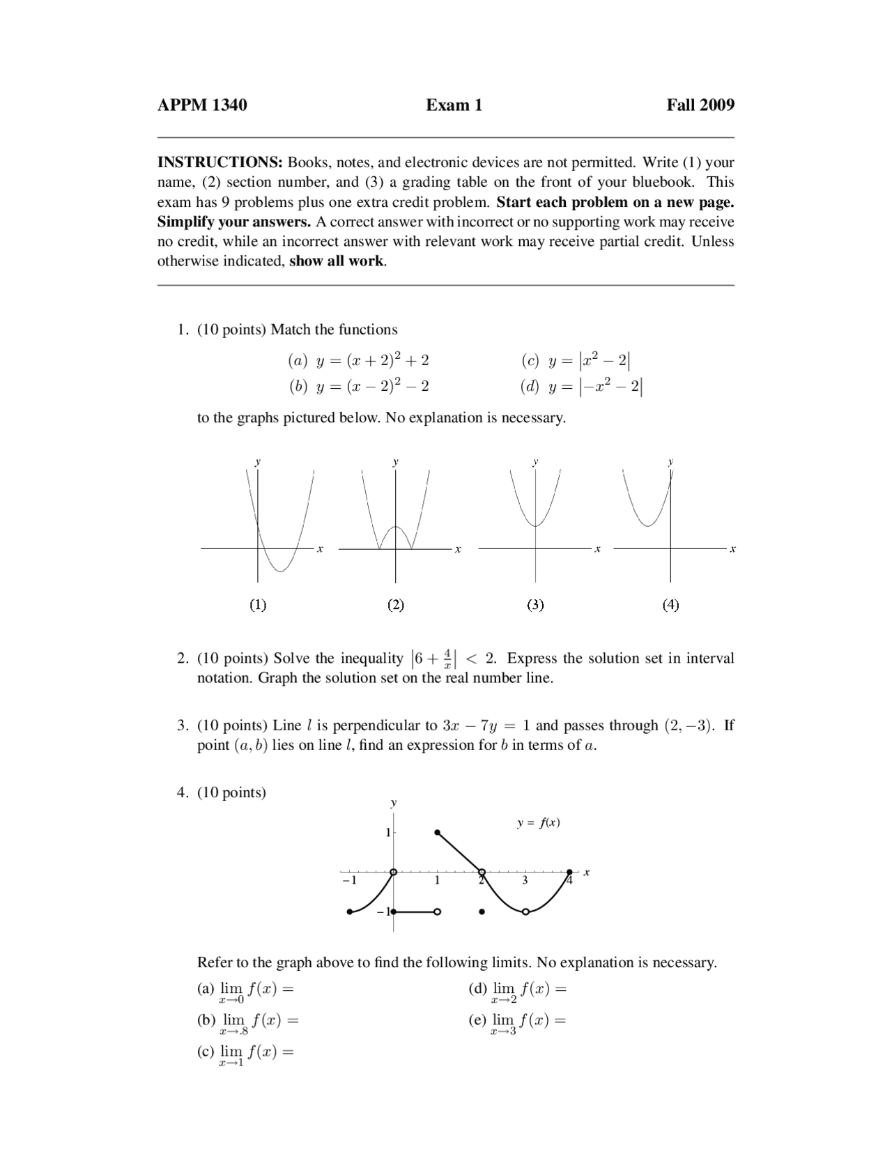 Calculus 1 With Algebra Part A Exam One Solved Appm 1340 Docsity