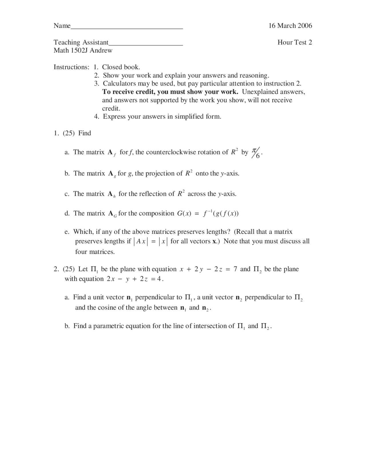 Find Matrix for Projection - Test 2 - Calculus II | MATH 1502 - Docsity