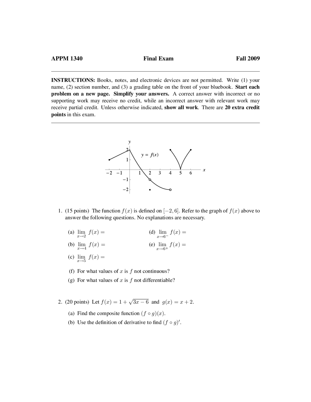 7 Questions On Calculus 1 With Algebra Part A Test 2 Appm 1340