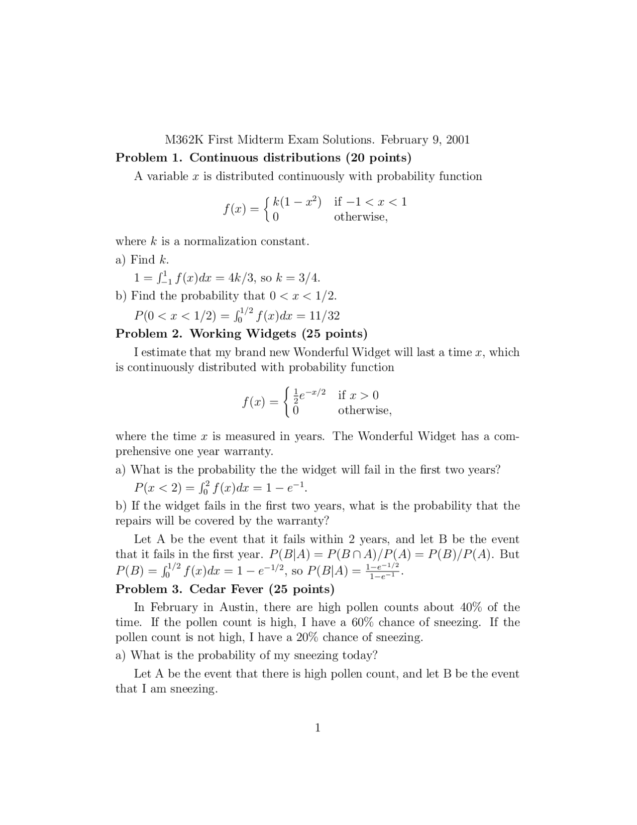First Midterm Exam with Solutions - Probability I | M 362K - Docsity