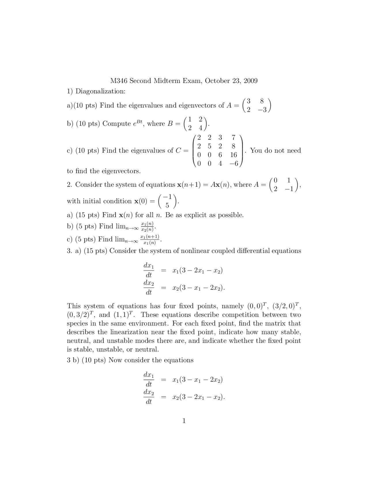 4 Question For Applied Linear Algebra Midterm Exam 2 M 346 Docsity